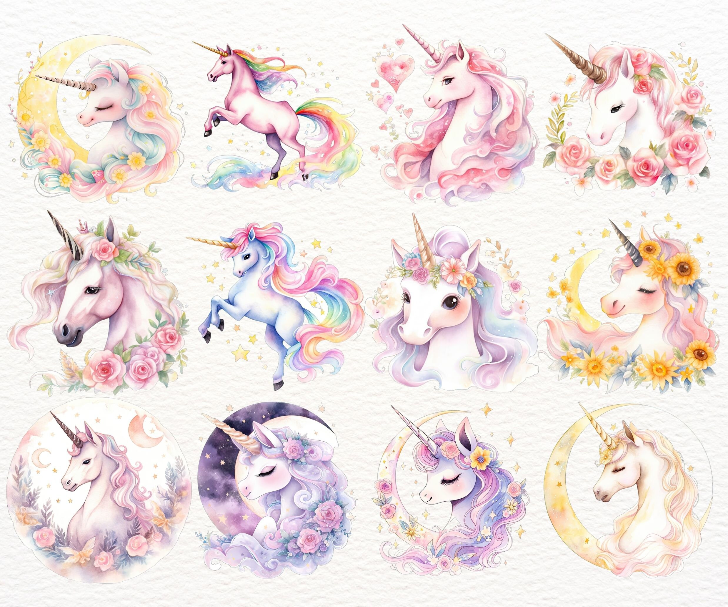 Cartoon Unicorns Watercolor Clipart Cute Kawaii Dreamy Pink Chubby ...