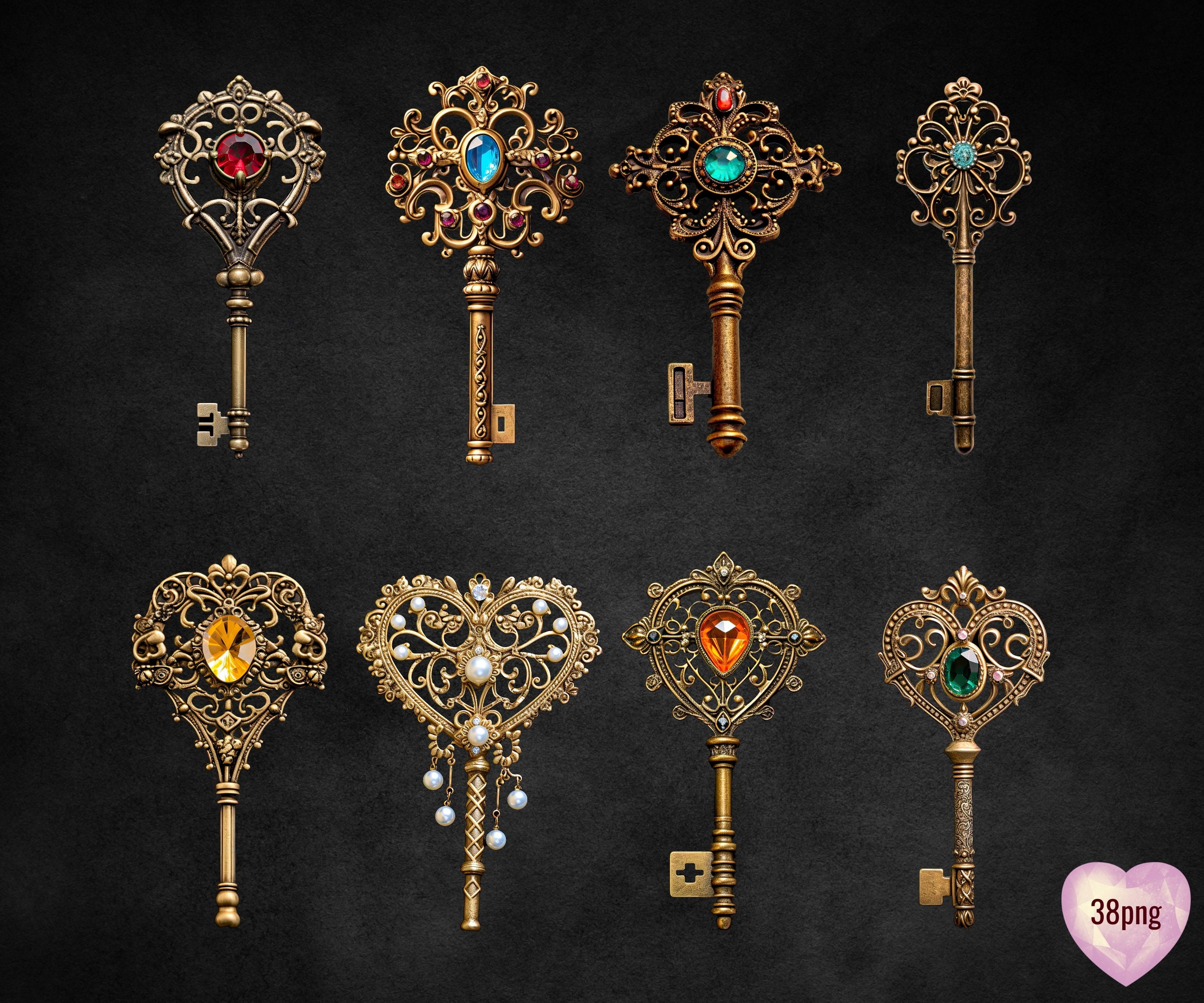 Metal Key Clipart, Vintage Victorian Engraved Metal Key With Gemstone ...