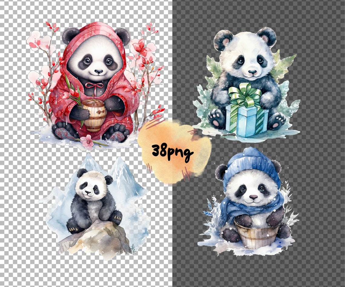 Chubby Pandas Watercolor Clipart Cute Kawaii Cartoon Pandas - Etsy