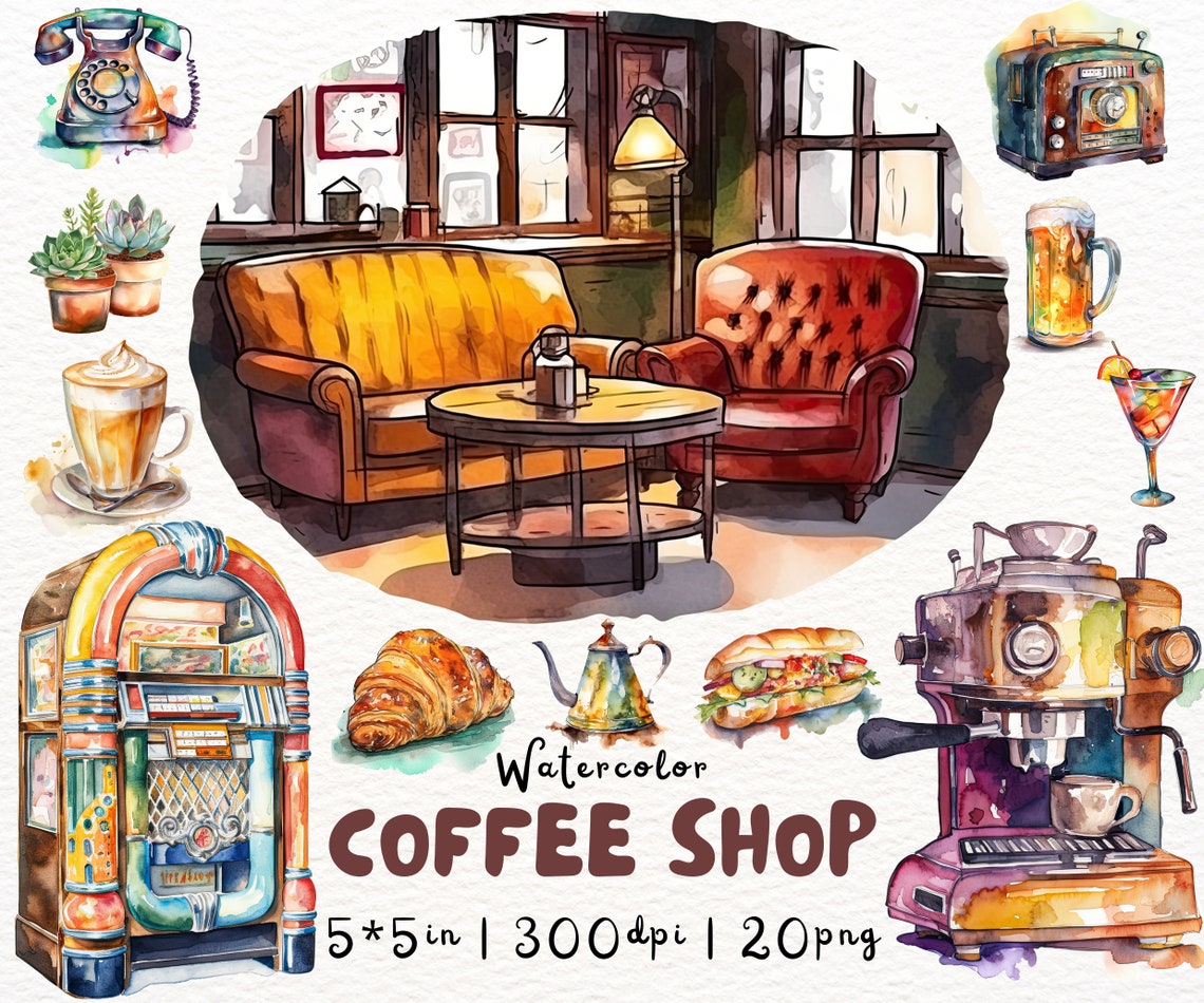 Vintage Coffee Shop Elements Clipart PNG Files, Cut Outs for Creative ...