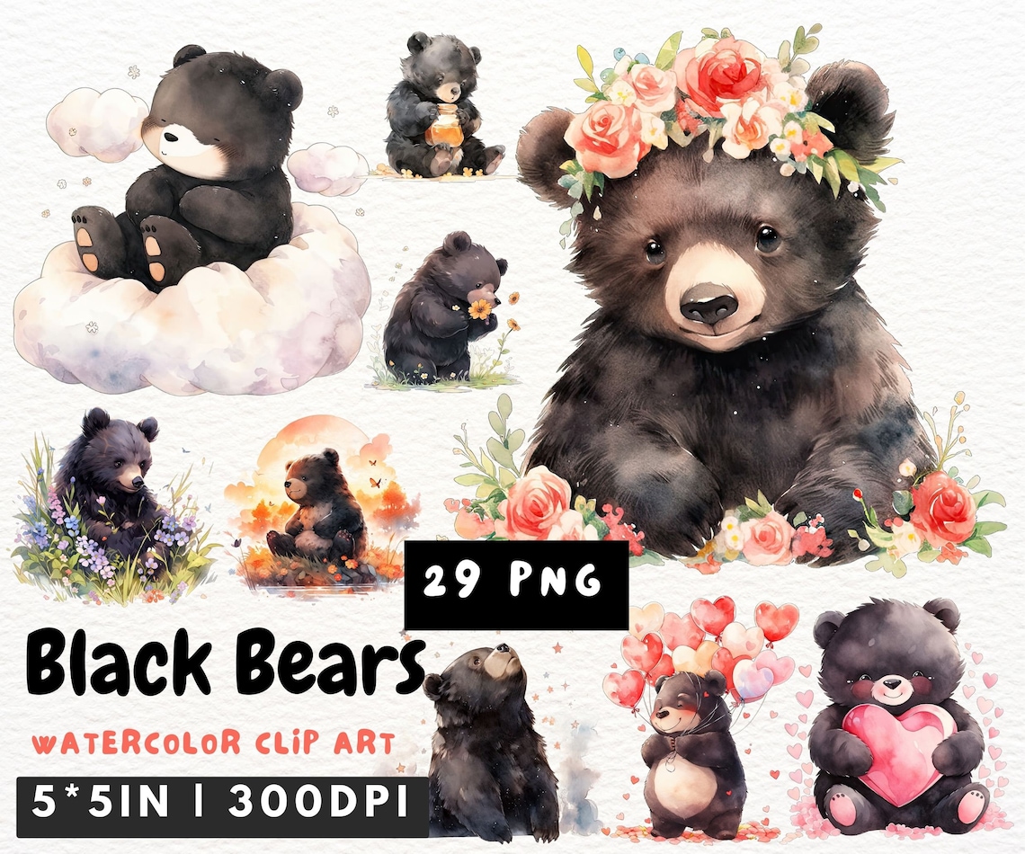 Chubby Black Bear Watercolor Clipart Kawaii Cartoon Black - Etsy