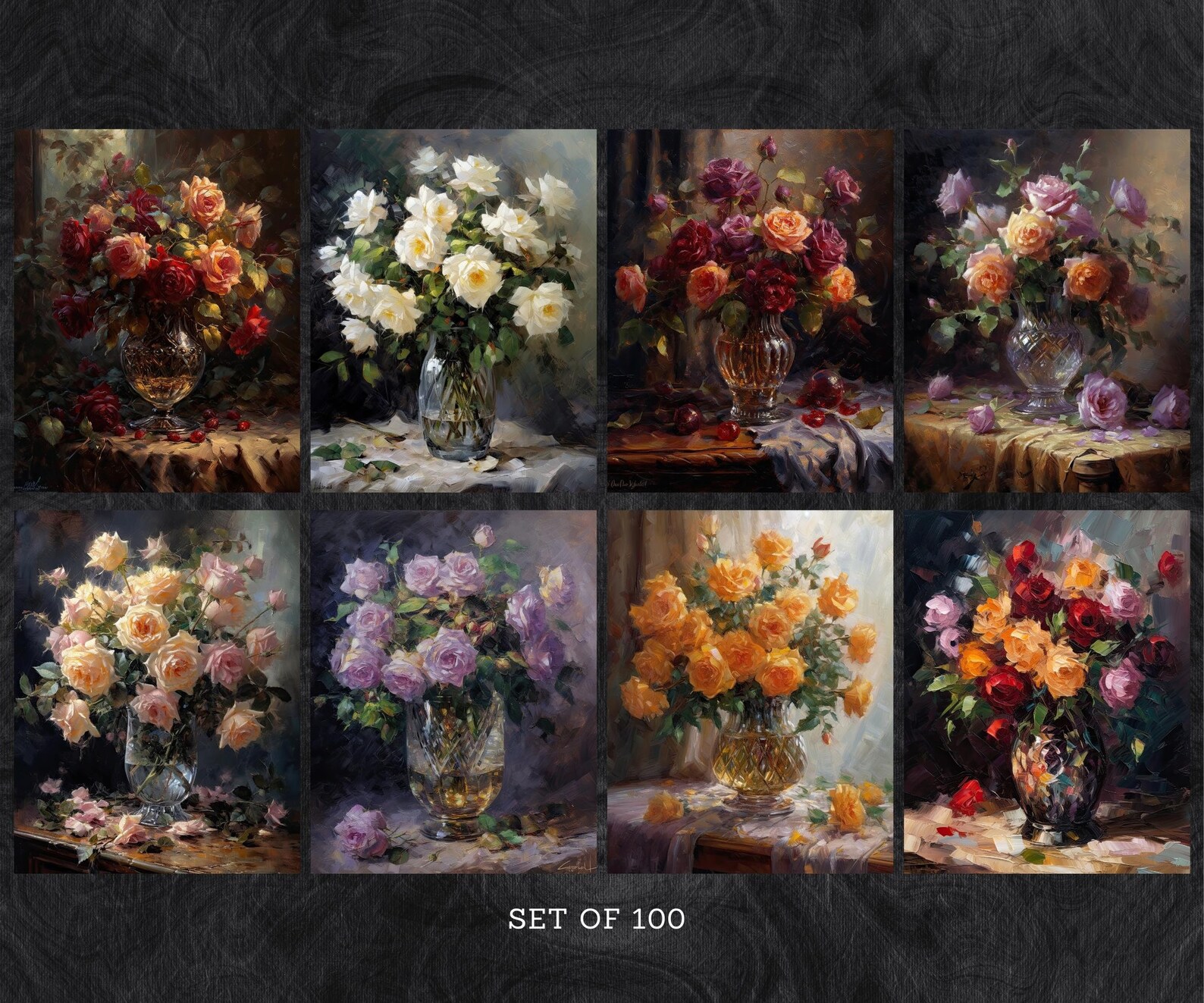 Rose Oil Paintings, Vintage Roses Wall Art Print, Roses With Glass Vase ...