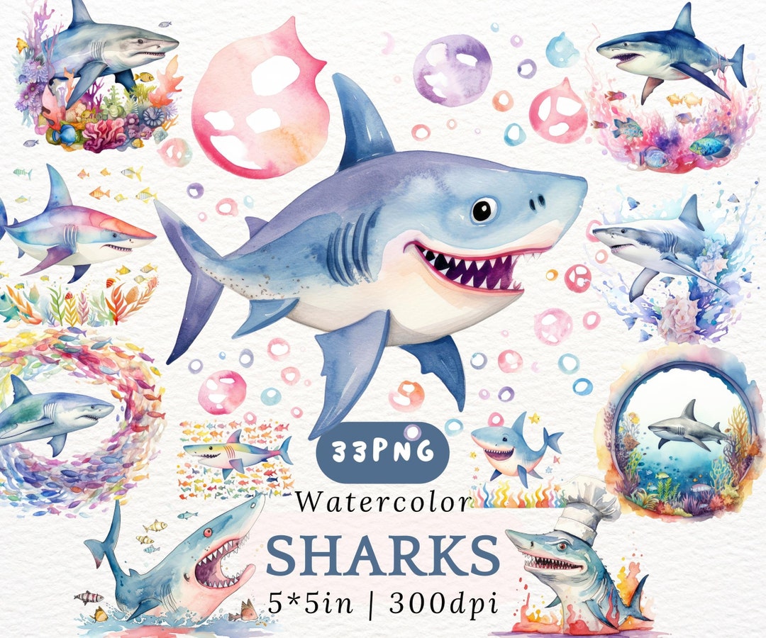 Watercolor Shark PNG Clipart,33 Cute Ocean Sharks With Bubbles, Coral ...