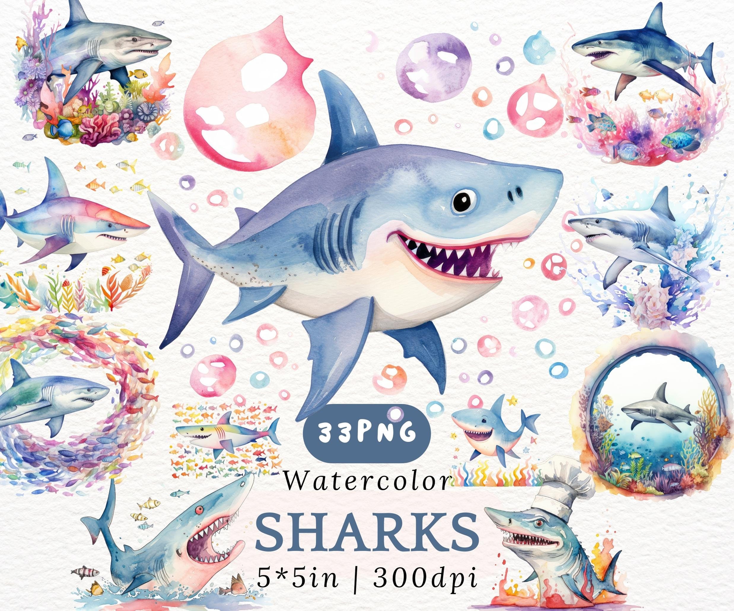 Watercolor Shark PNG Clipart,33 Cute Ocean Sharks With Bubbles, Coral ...