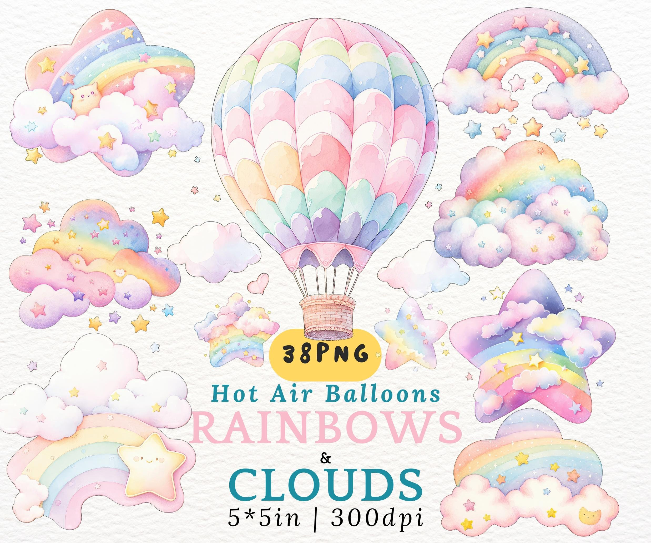 Pastel Rainbow Hot Air Balloon Clipart Cloud Star PNG Watercolor ...