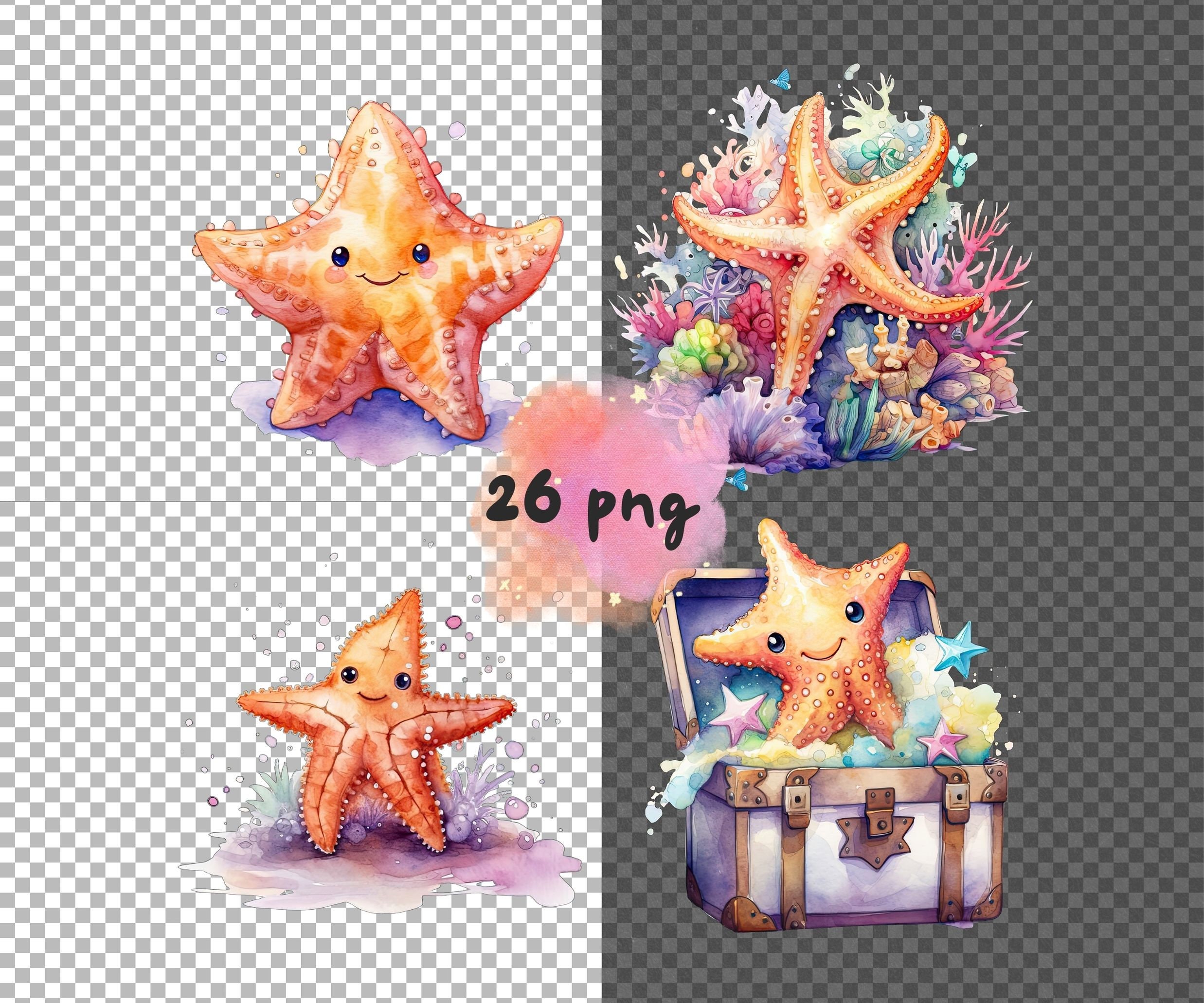 Chubby Star Fish Watercolor Clipart Cute Kawaii Cartoon Sea Stars, Baby ...