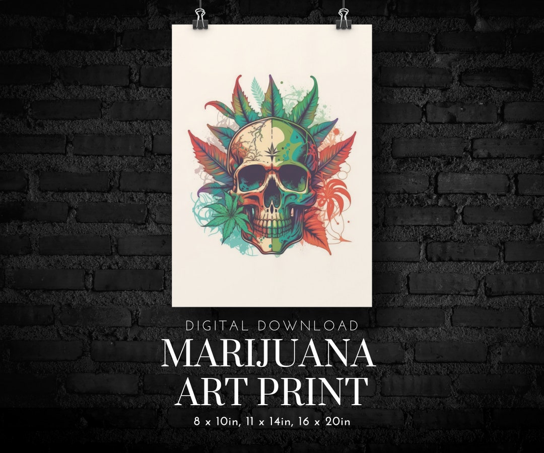 Marijuana Art Print, Cool Retro Style Design for Home Decor, Skull Art ...