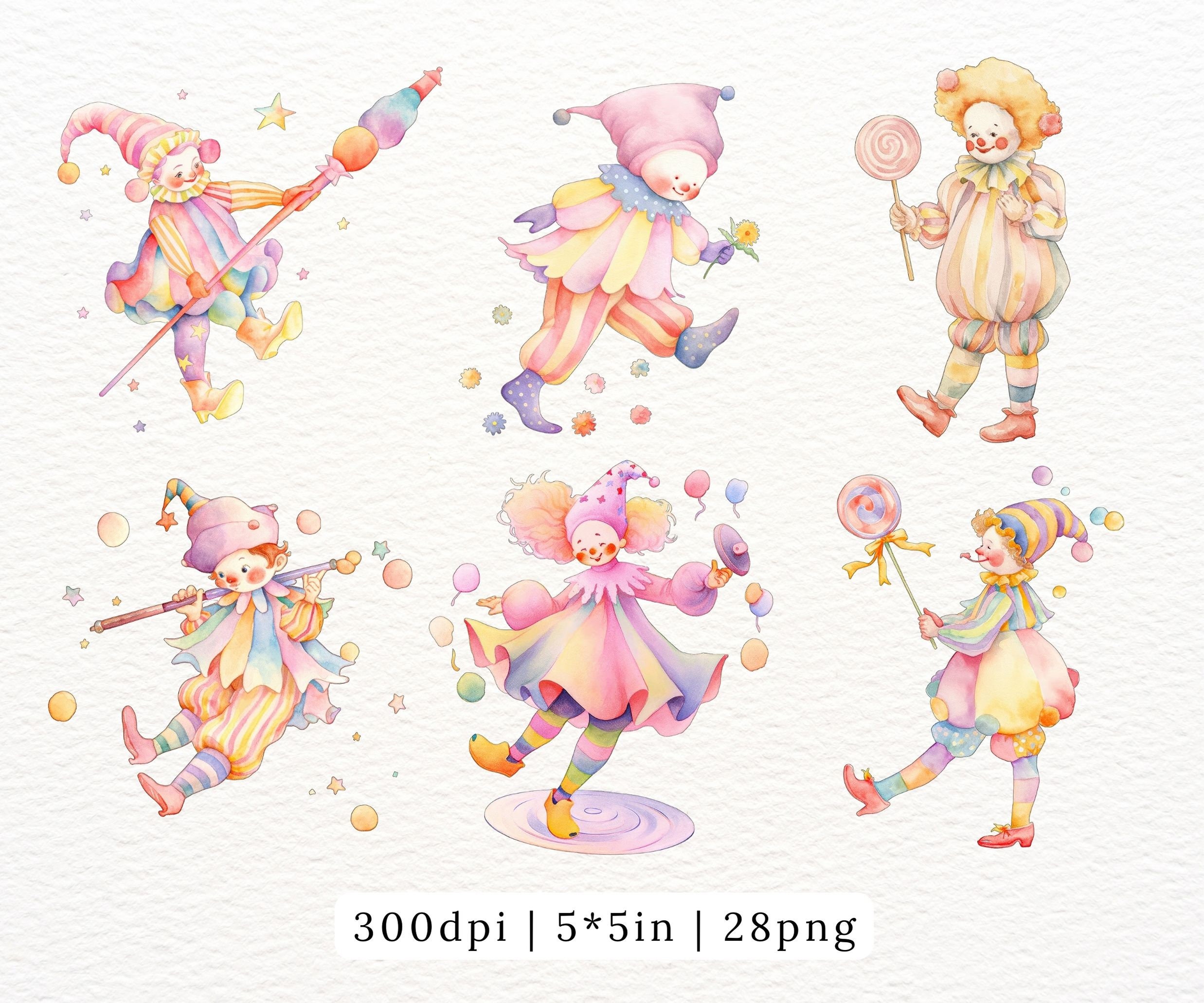 Watercolor Dancing Clown Clipart, Cute Cartoon Pastel Carnival Clown ...