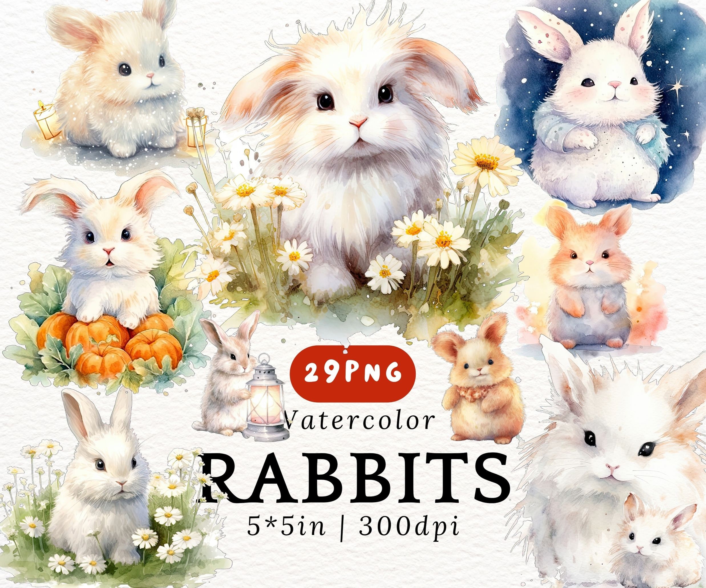 Watercolor Bunny Clipart Cute Baby Rabbit PNG Set for Nursery Decor ...