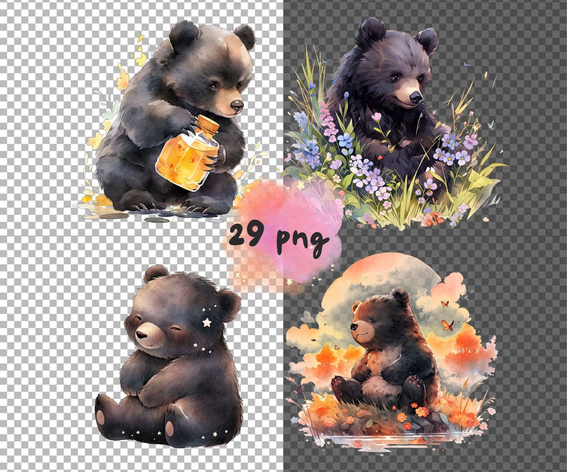 Chubby Black Bear Watercolor Clipart Kawaii Cartoon Black - Etsy