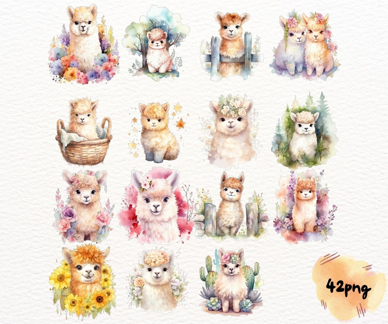 Chubby Alpaca Watercolor Clipart - Cute Kawaii Cartoon Alpacas, Baby ...