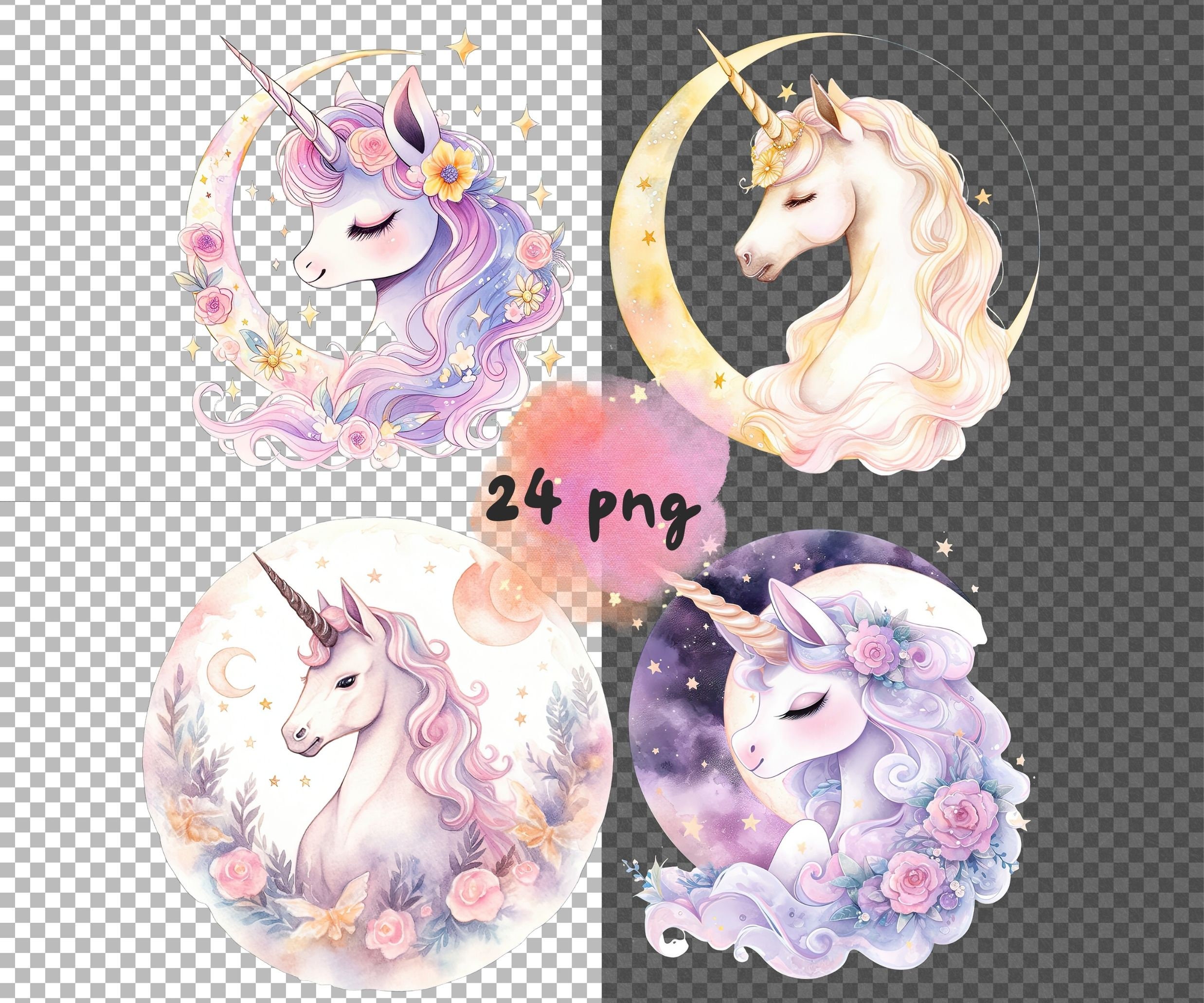 Cartoon Unicorns Watercolor Clipart Cute Kawaii Dreamy Pink Chubby ...