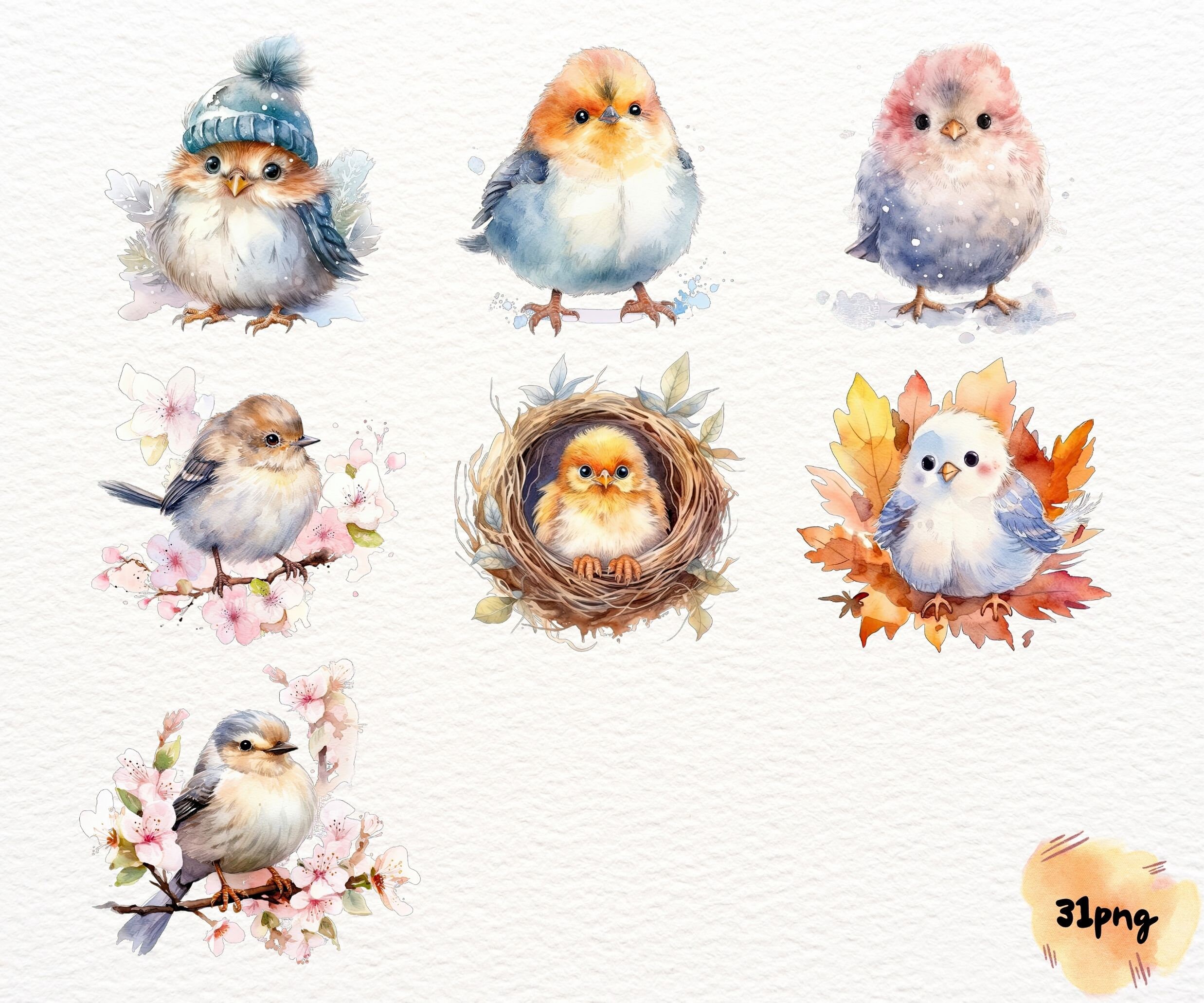 Chubby Birds Watercolor Clipart Cute Kawaii Cartoon Birds, Baby Birds ...