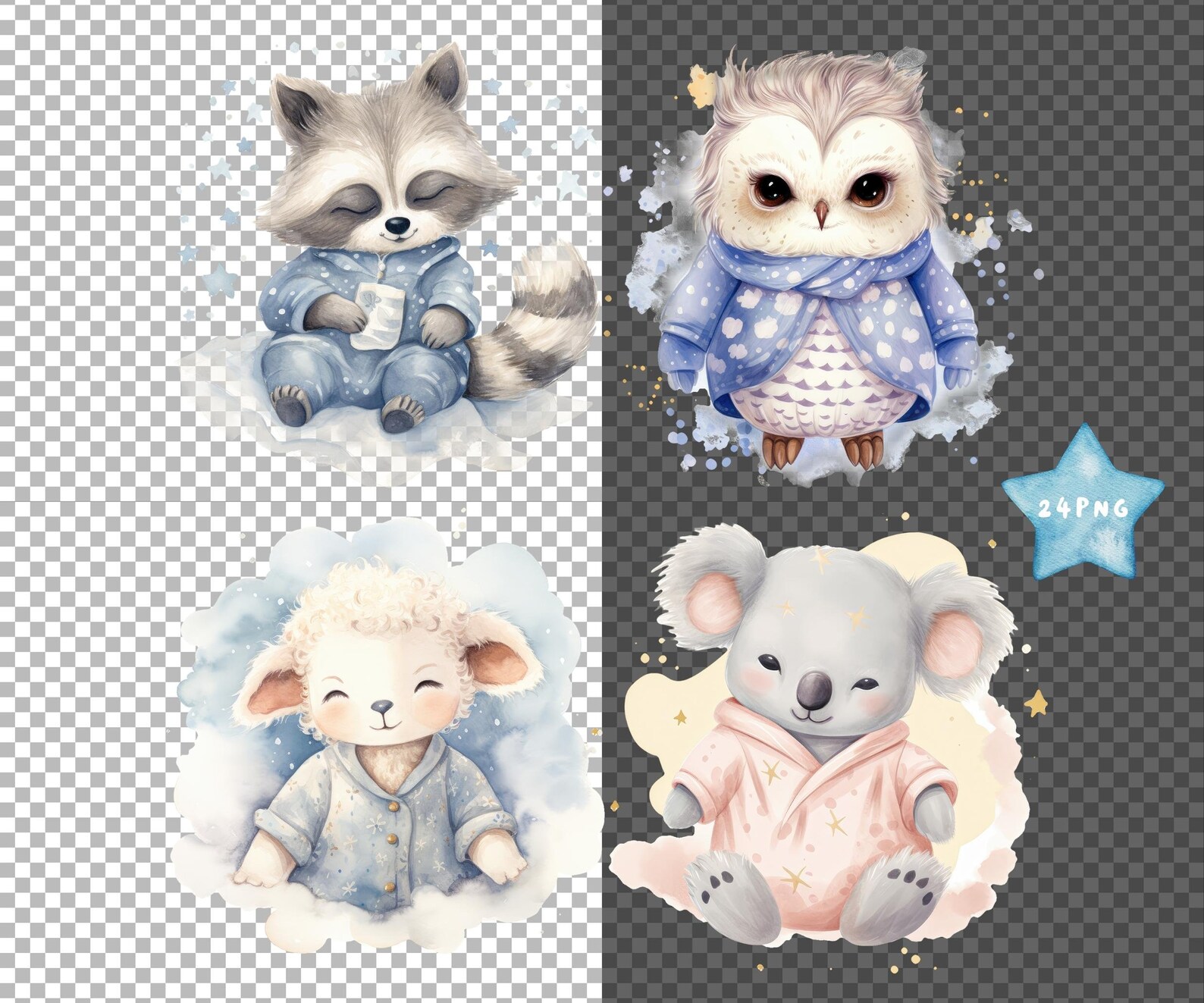 Watercolor Baby Animals in Pajamas Clipart, Chubby Cute Animal Png ...