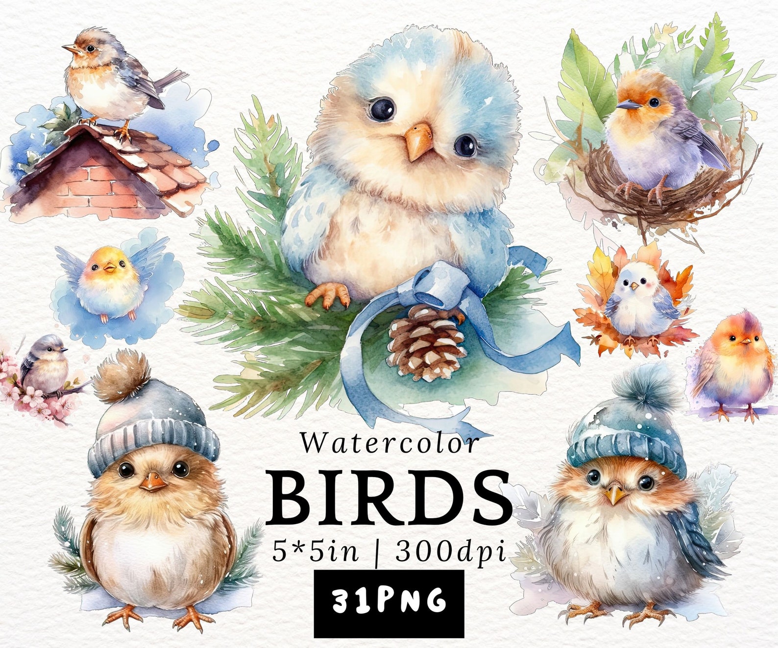 Chubby Birds Watercolor Clipart - Cute Kawaii Cartoon Birds, Baby Birds ...