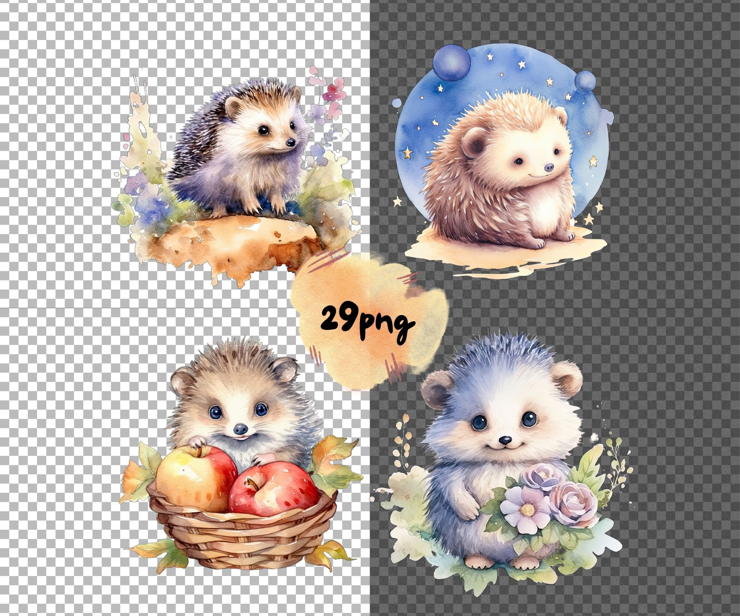 Chubby Hedgehogs Watercolor Clipart Cute Kawaii Cartoon Hedgehogs, Baby ...