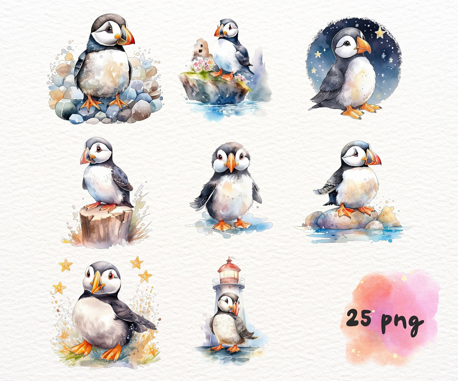 Chubby Puffin Watercolor Clipart - Cute Kawaii Cartoon Puffins, Baby ...