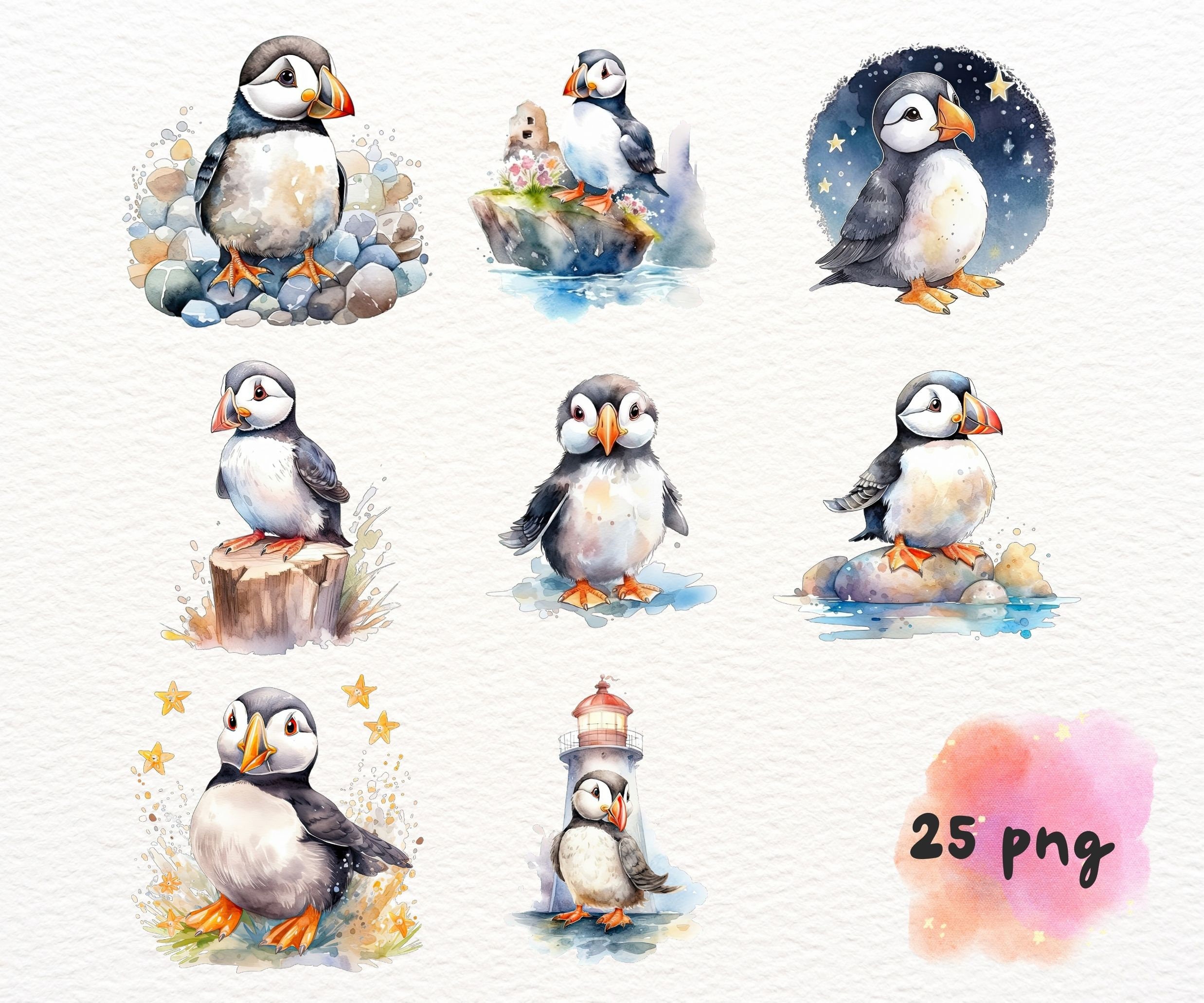 Chubby Puffin Watercolor Clipart - Cute Kawaii Cartoon Puffins, Baby ...
