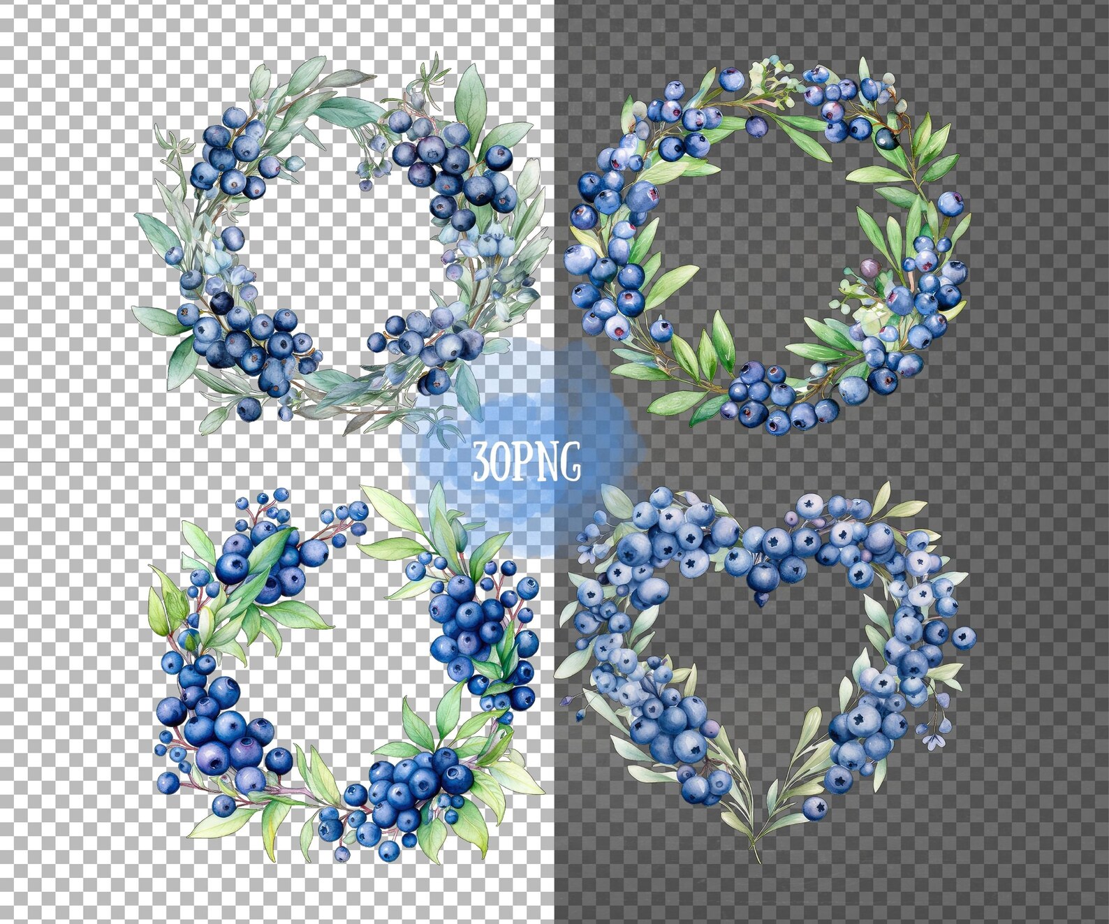 Blueberry Watercolor Clipart, Decorative Frame, Line, Leaf, Fruit ...