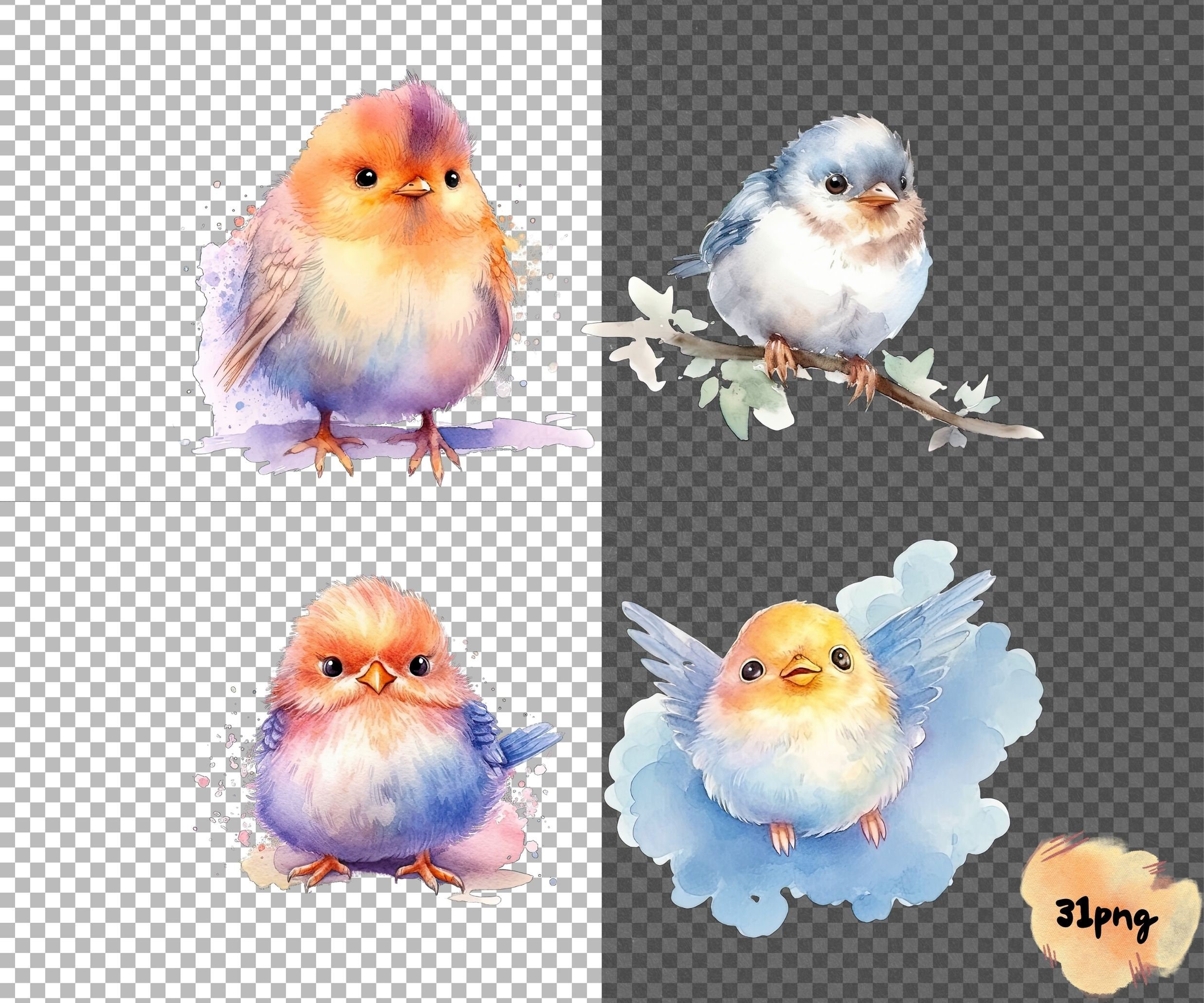 Chubby Birds Watercolor Clipart Cute Kawaii Cartoon Birds, Baby Birds ...