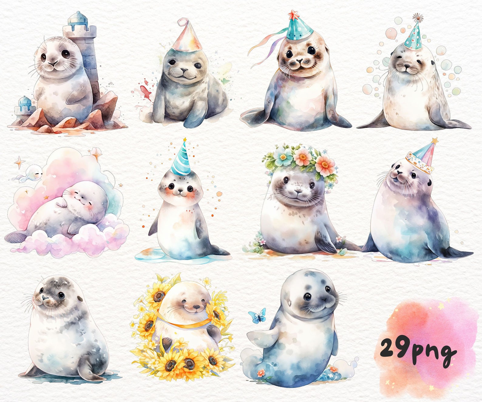 Chubby Seals Watercolor Clipart Cute Kawaii Cartoon Pinnipeds, Baby Sea ...