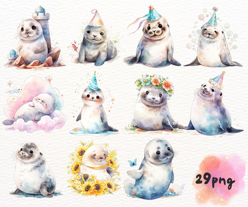 Chubby Seals Watercolor Clipart - Cute Kawaii Cartoon Pinnipeds, Baby ...