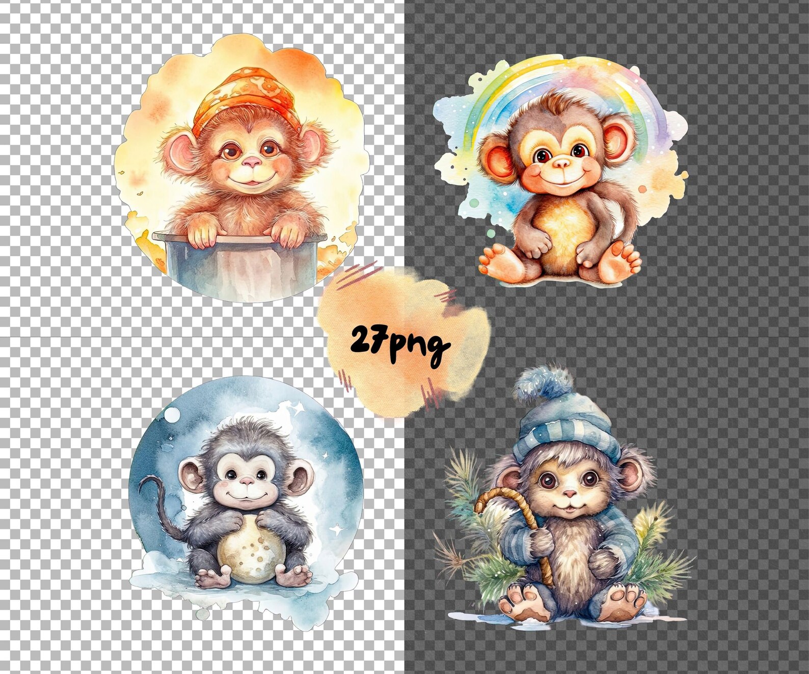 Chubby Monkeys Watercolor Clipart Cute Kawaii Cartoon Monkeys, Baby ...