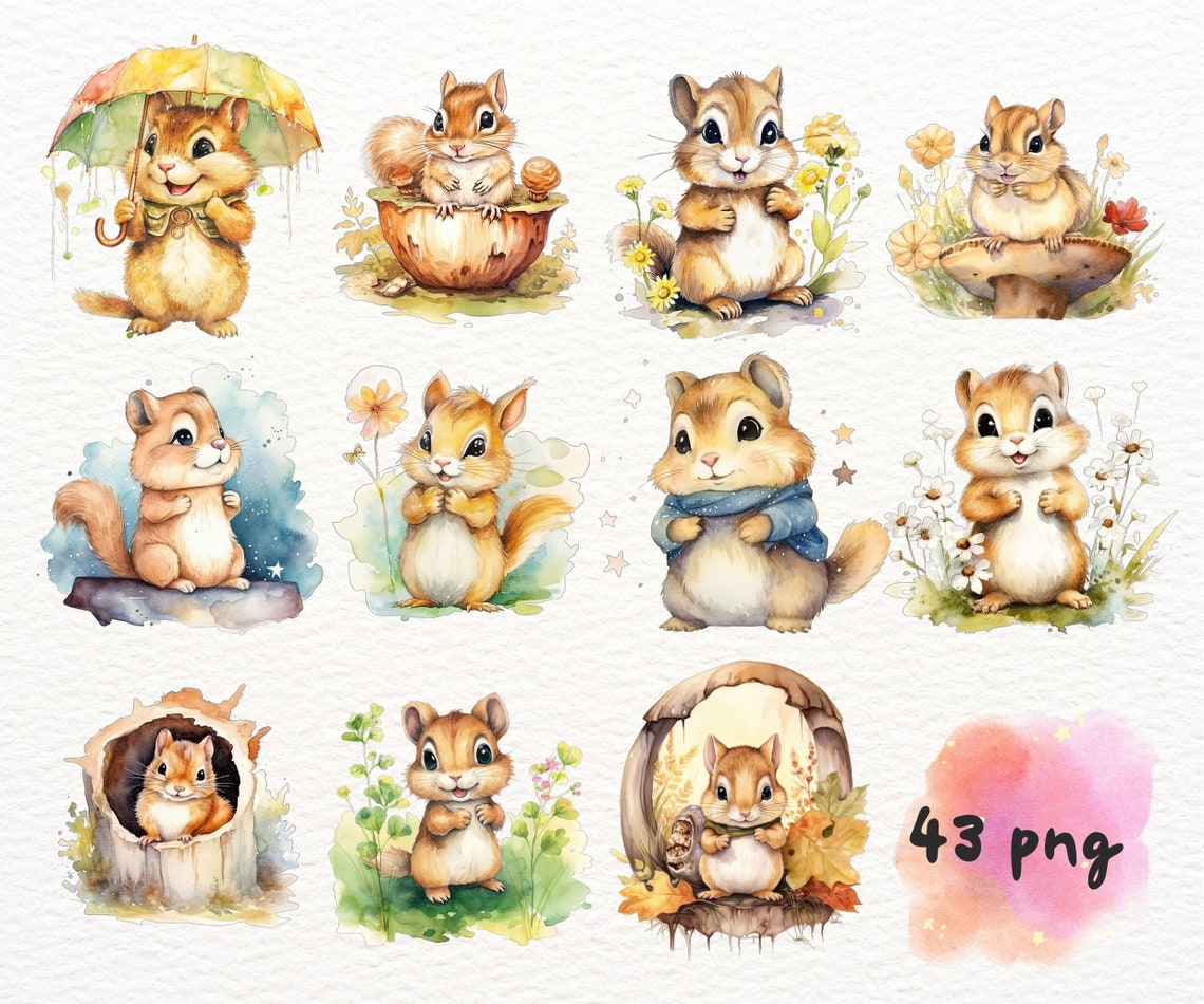 Chubby Chipmunk Watercolor Clipart - Cute Kawaii Cartoon Chipmunks ...