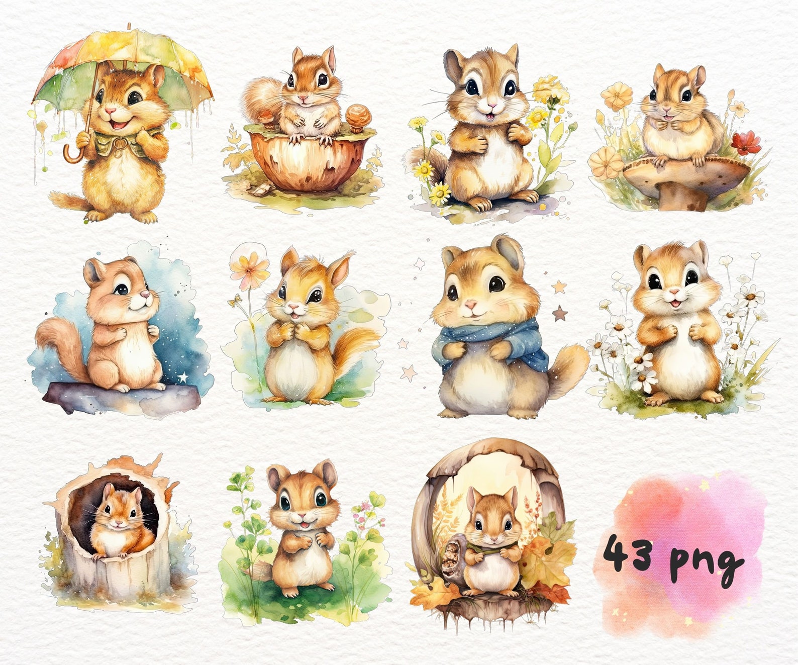 Chubby Chipmunk Watercolor Clipart Cute Kawaii Cartoon Chipmunks, Baby ...