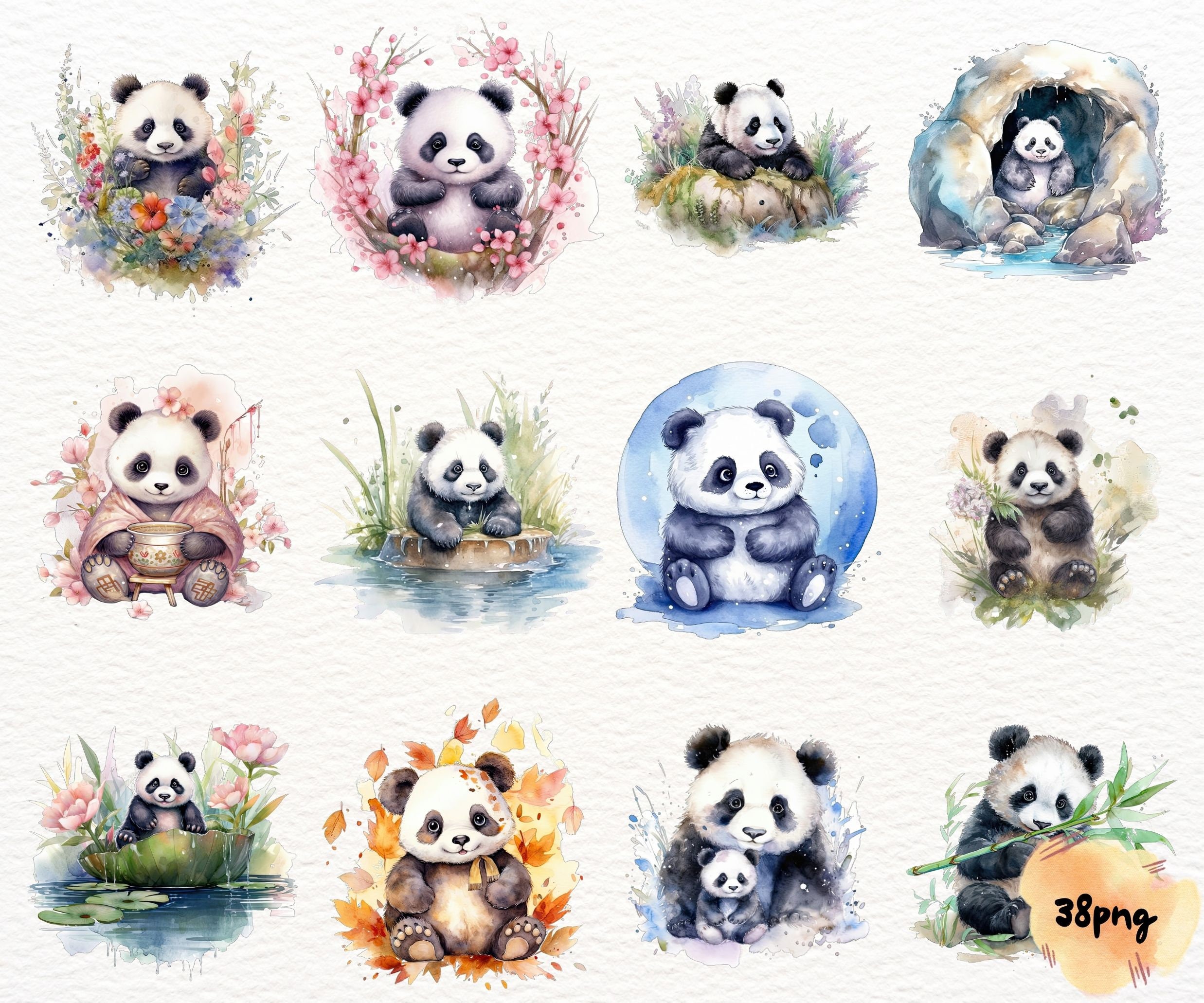 Chubby Pandas Watercolor Clipart - Cute Kawaii Cartoon Pandas, Baby ...