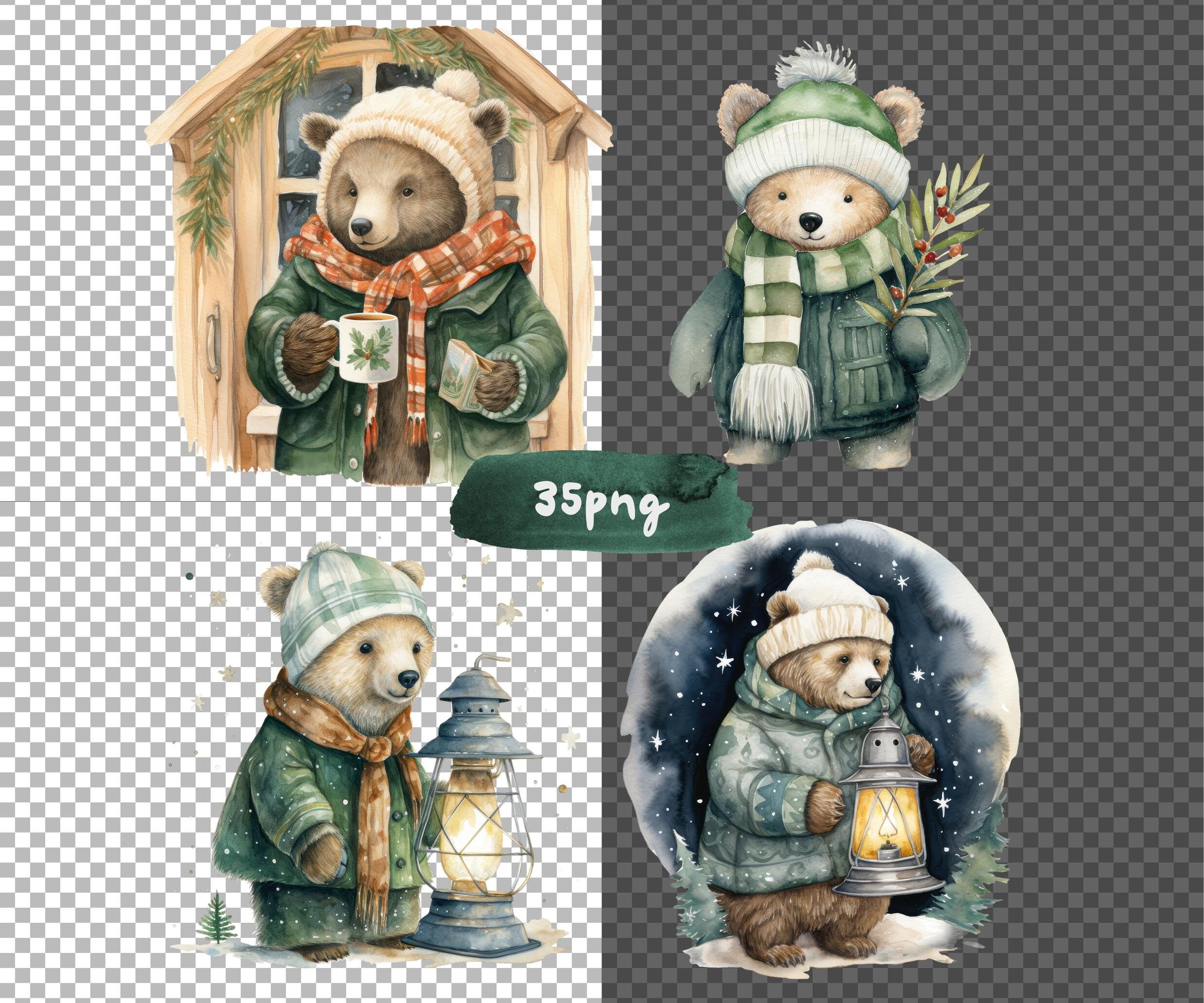 Winter Bear Clipart,watercolor Kawaii Cartoon Cuddly Bear With Snow ...