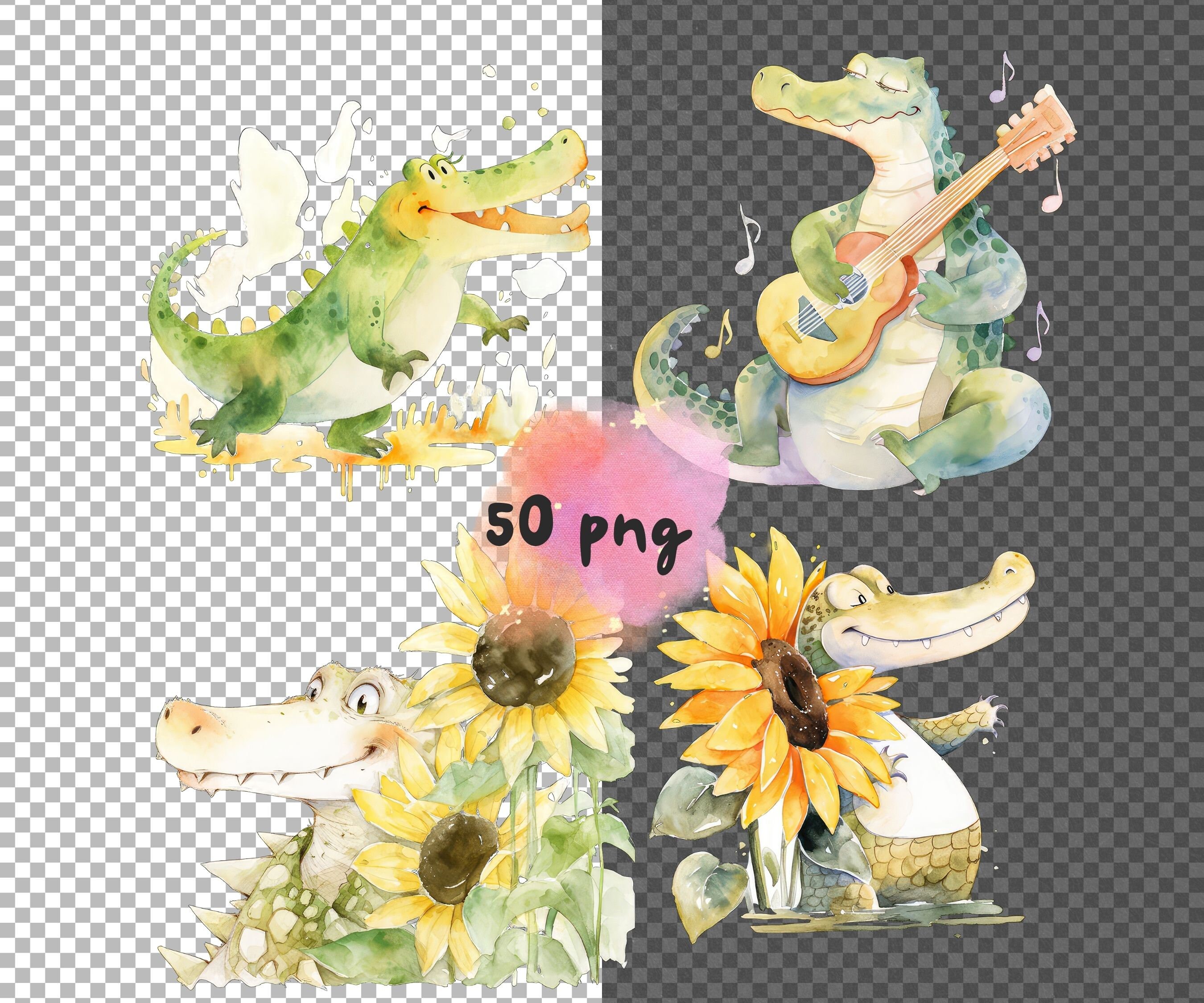 Funny Crocodile Watercolor Clipart, Cute Kawaii Cartoon Crocodile, Baby ...