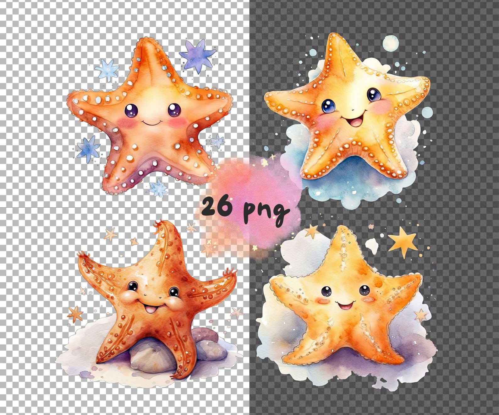 Chubby Star Fish Watercolor Clipart Cute Kawaii Cartoon Sea Stars, Baby ...