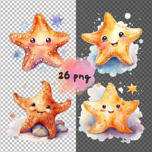 Chubby Star Fish Watercolor Clipart - Cute Kawaii Cartoon Sea Stars ...