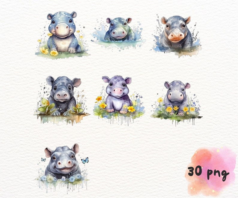 Chubby Hippos Watercolor Clipart - Cute Kawaii Cartoon Hippos, Baby ...