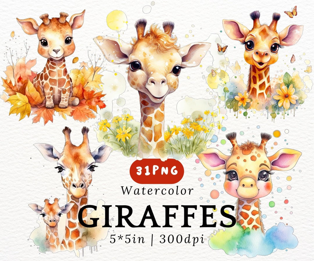 Chubby Giraffes Watercolor Clipart - Cute Kawaii Cartoon Giraffes, Baby ...