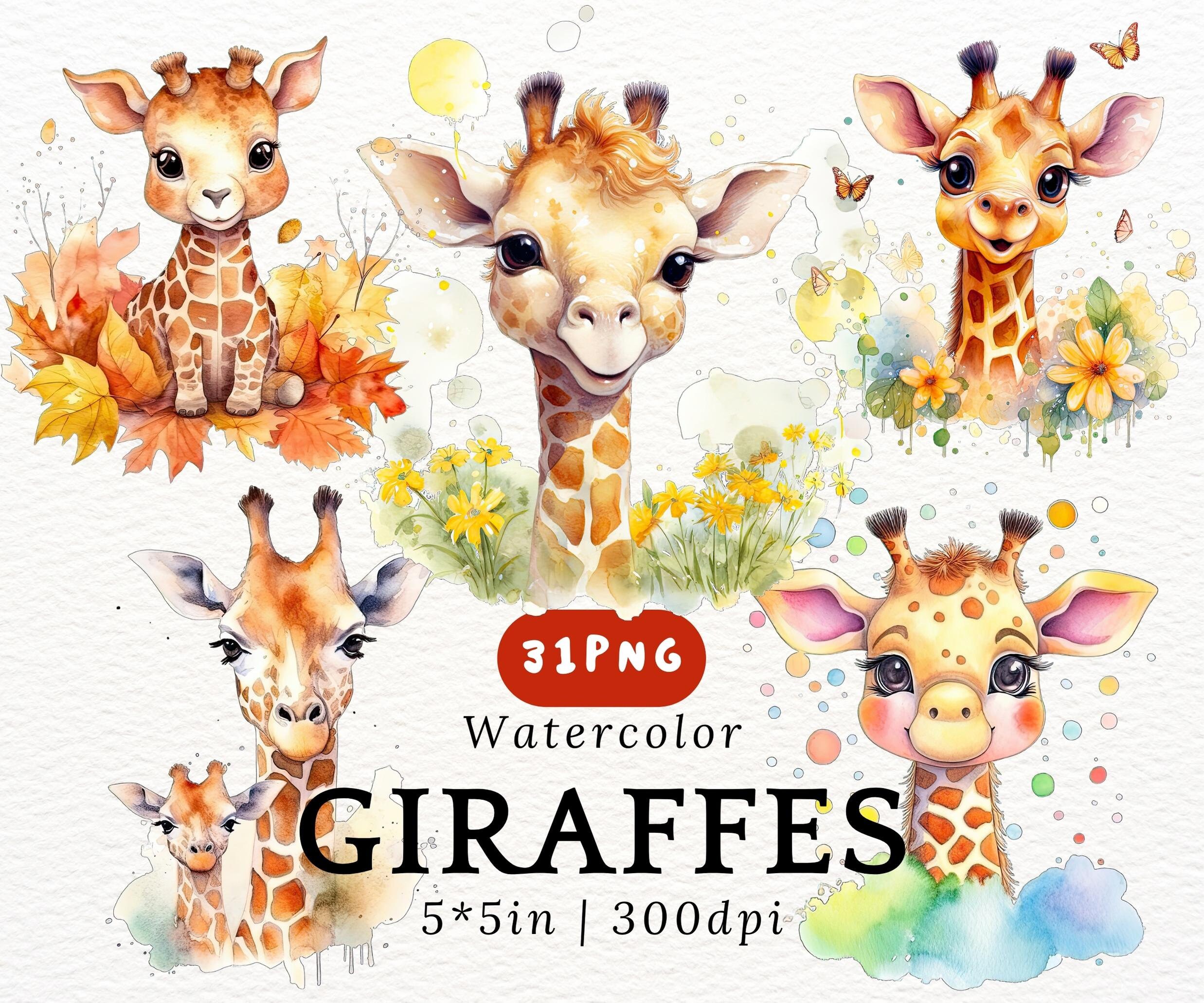 Chubby Giraffes Watercolor Clipart Cute Kawaii Cartoon Giraffes, Baby ...