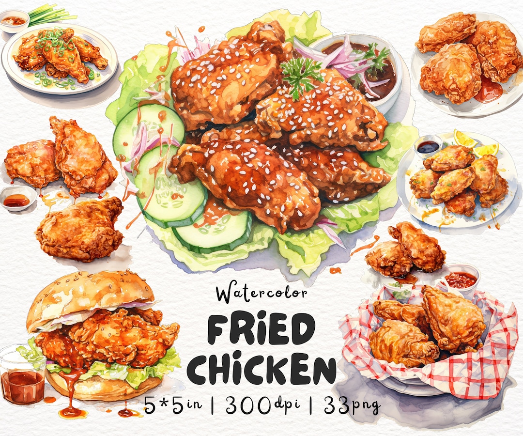 Fried Chicken Cliparts Collection, Watercolor Fried Chicken Png, Korean ...