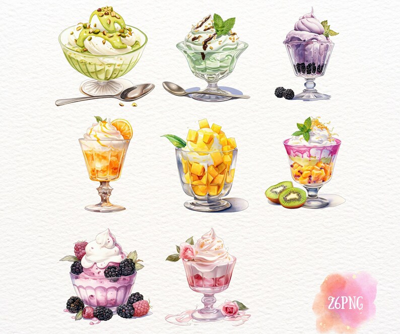 Watercolor Sundae Clipart Colorful Elaborate Ice Cream - Etsy
