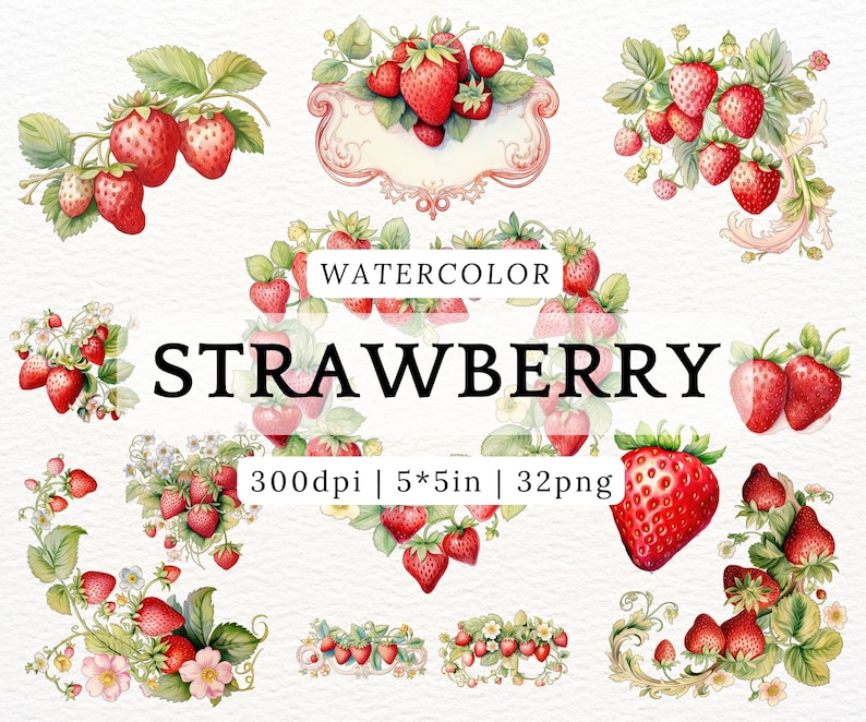 Strawberry Watercolor Clipart, Decorative Frame, Line, Leaf, Fruit ...