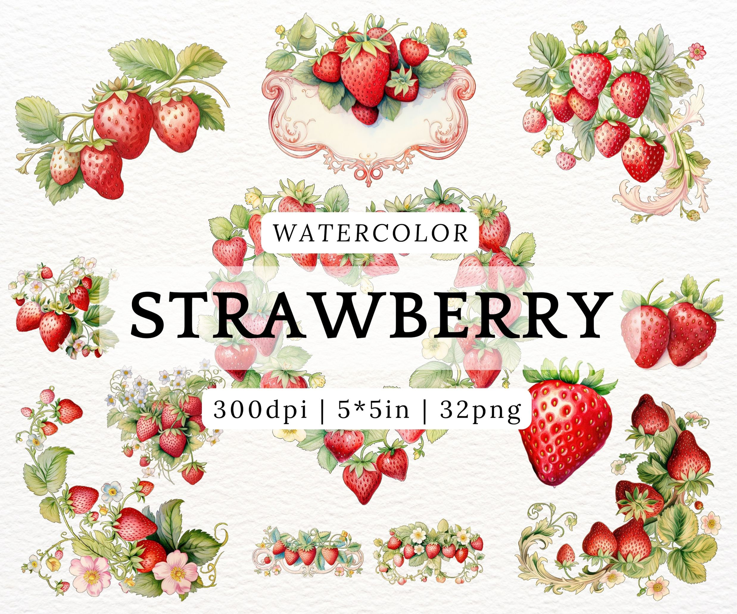 Strawberry Watercolor Clipart, Decorative Frame, Line, Leaf, Fruit ...