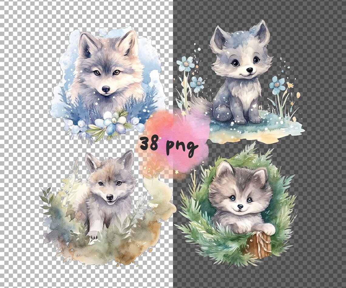 Chubby Baby Wolf Watercolor Clipart Cute Kawaii Cartoon Puppy Wolves ...