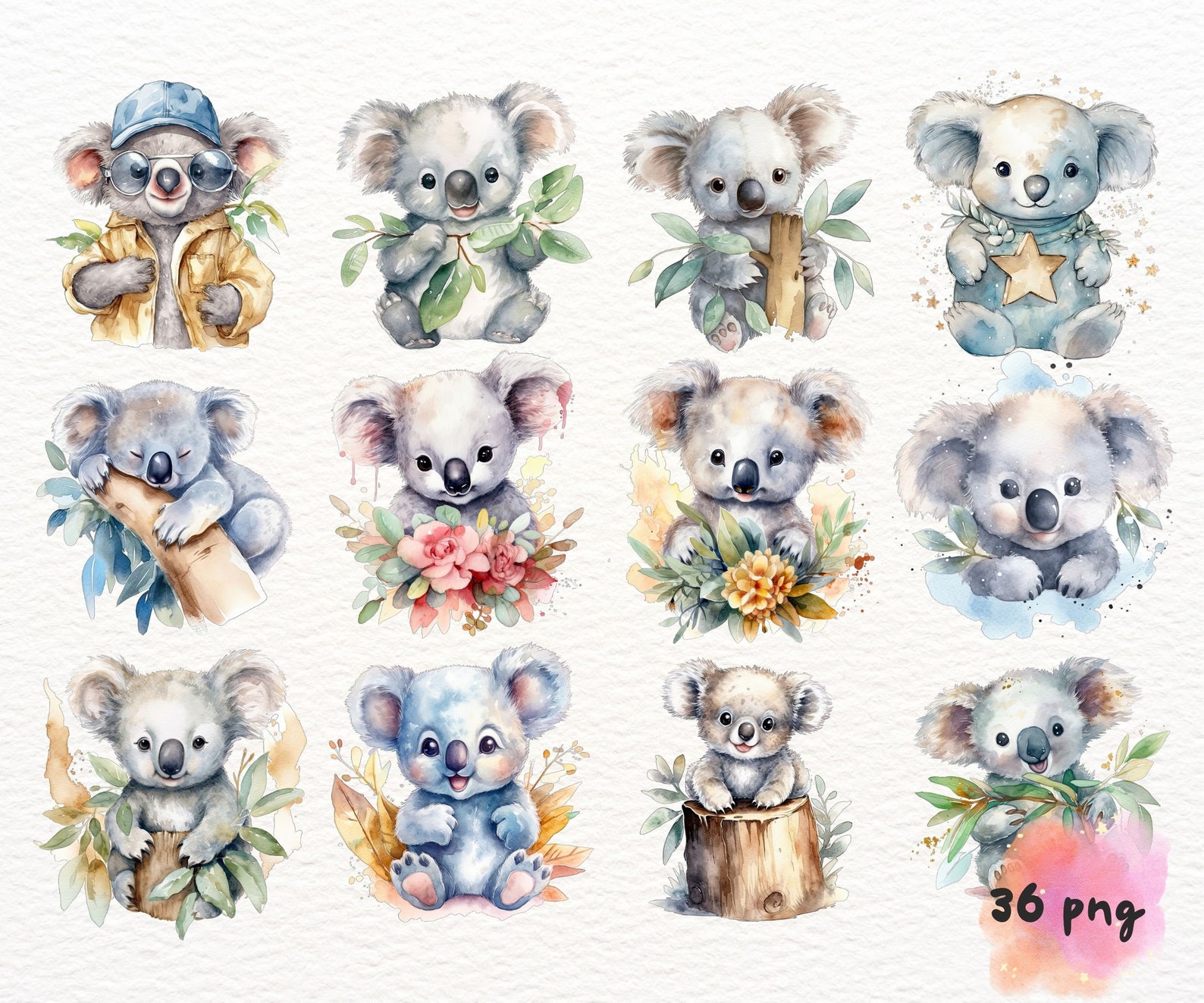 Chubby Koalas Watercolor Clipart - Cute Kawaii Cartoon Koalas, Baby ...