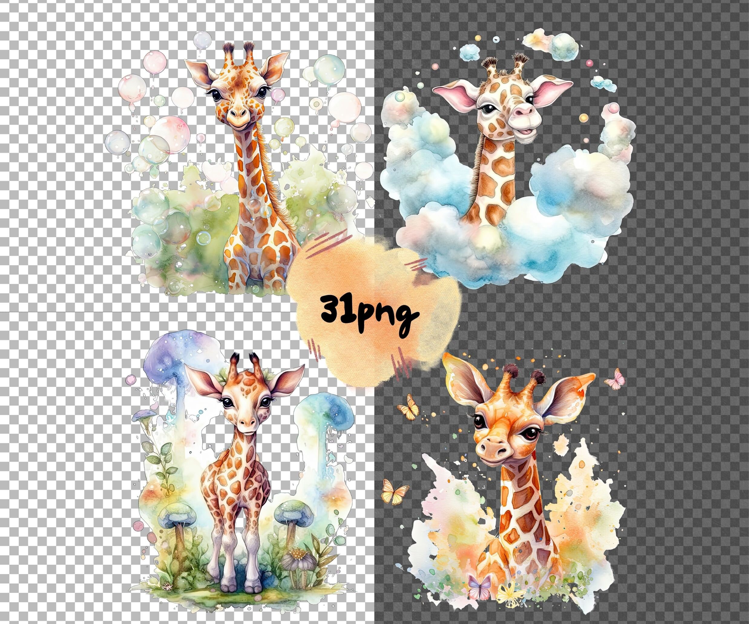 Chubby Giraffes Watercolor Clipart Cute Kawaii Cartoon Giraffes, Baby ...