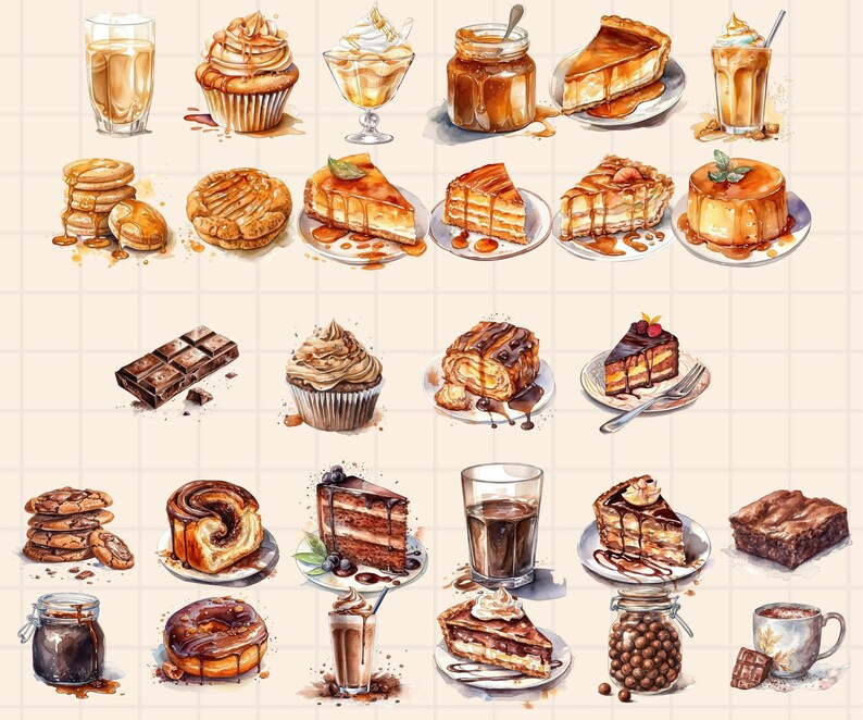 Chocolate & Caramel Desserts Clipart Bundle Watercolor - Etsy