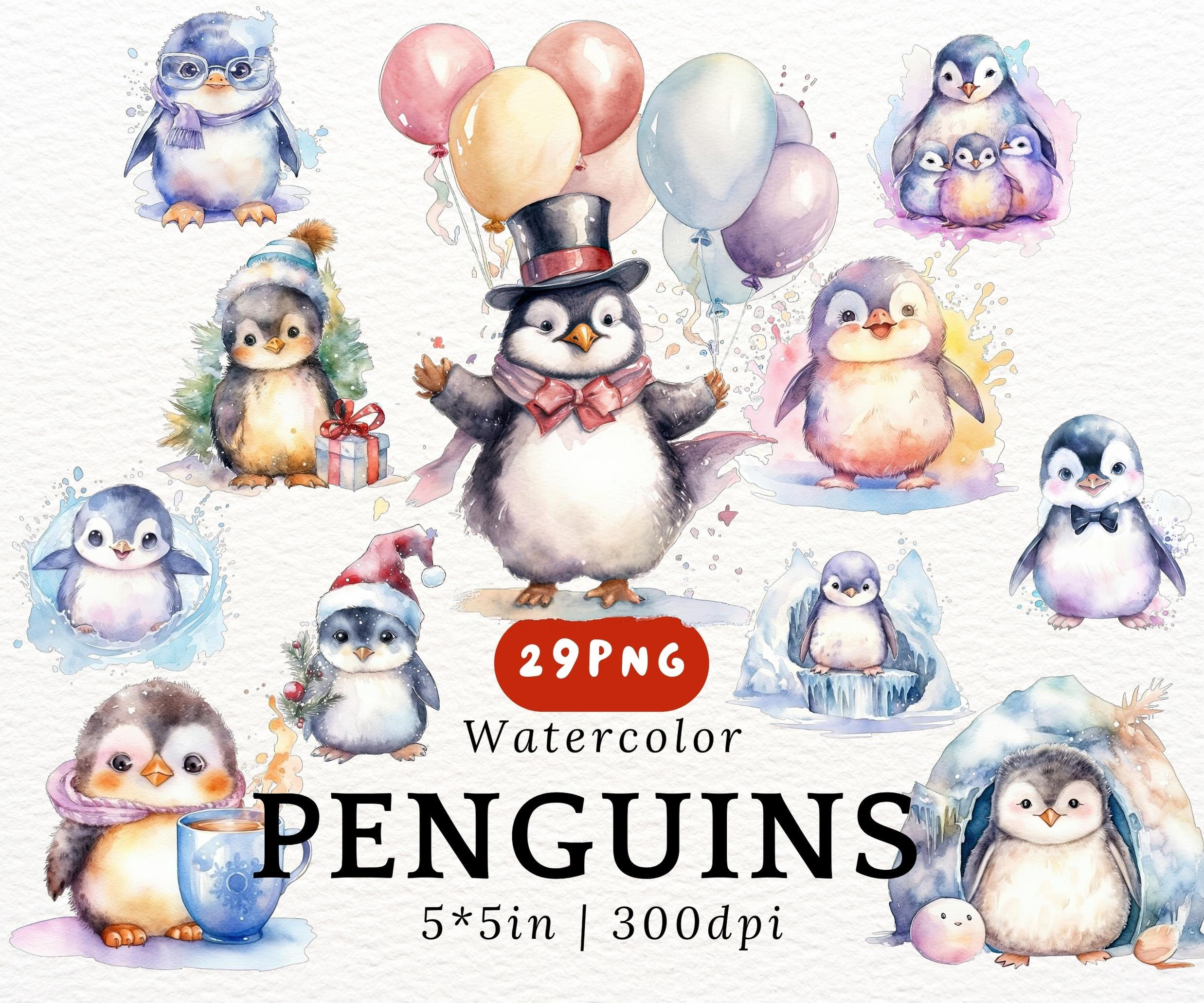 Chubby Penguins Watercolor Clipart Cute Kawaii Cartoon Penguins, Baby ...