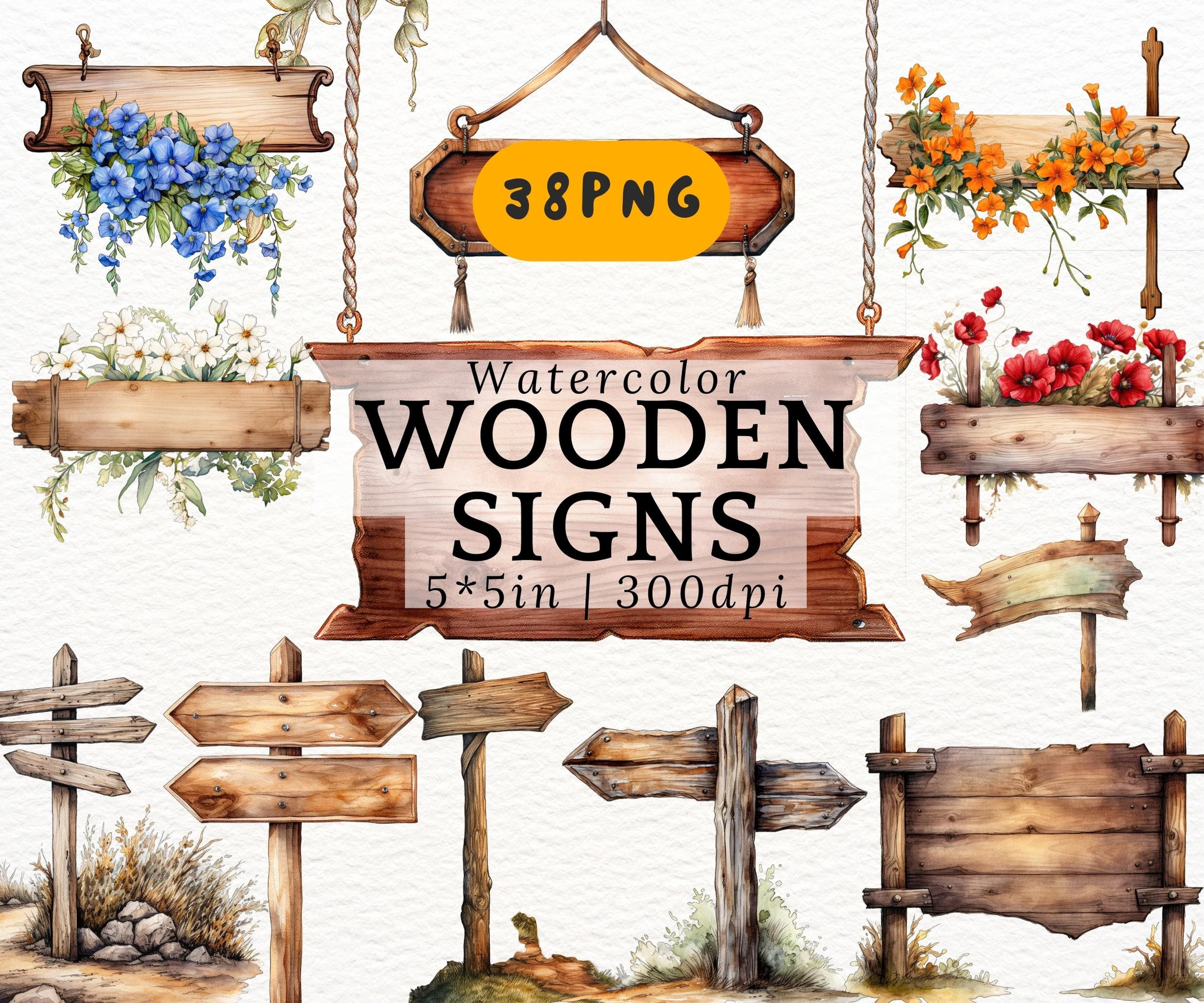 Watercolor Wooden Signs Clipart, Vintage Village Rustic Road and Door ...