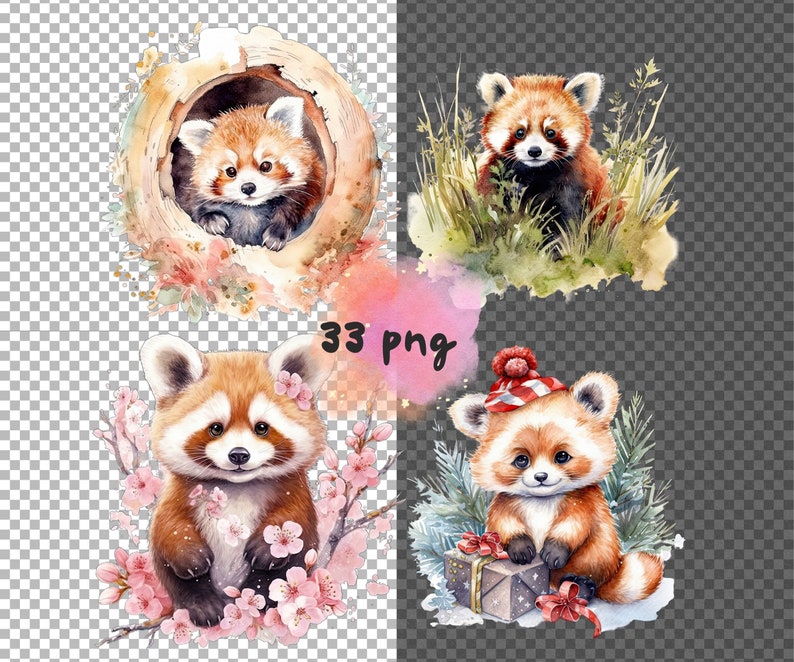 Chubby Red Pandas Watercolor Clipart Cute Kawaii Cartoon Red - Etsy
