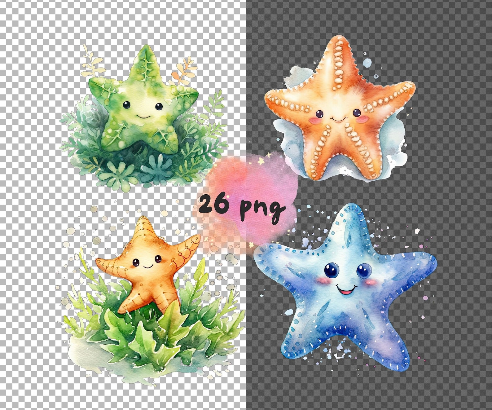 Chubby Star Fish Watercolor Clipart Cute Kawaii Cartoon Sea Stars, Baby ...