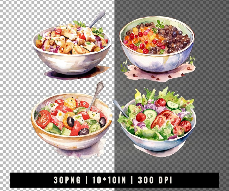 Salad Bowl Clipart Collection, Watercolor Salad Variety Pack, Caesar ...